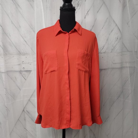 LOFT | Tops | Loft Coral Red Ls Concealed Button Down Business Blouse ...